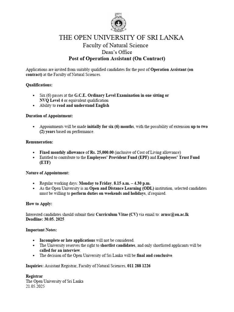 Operation Assistant Job at Open University | PDF