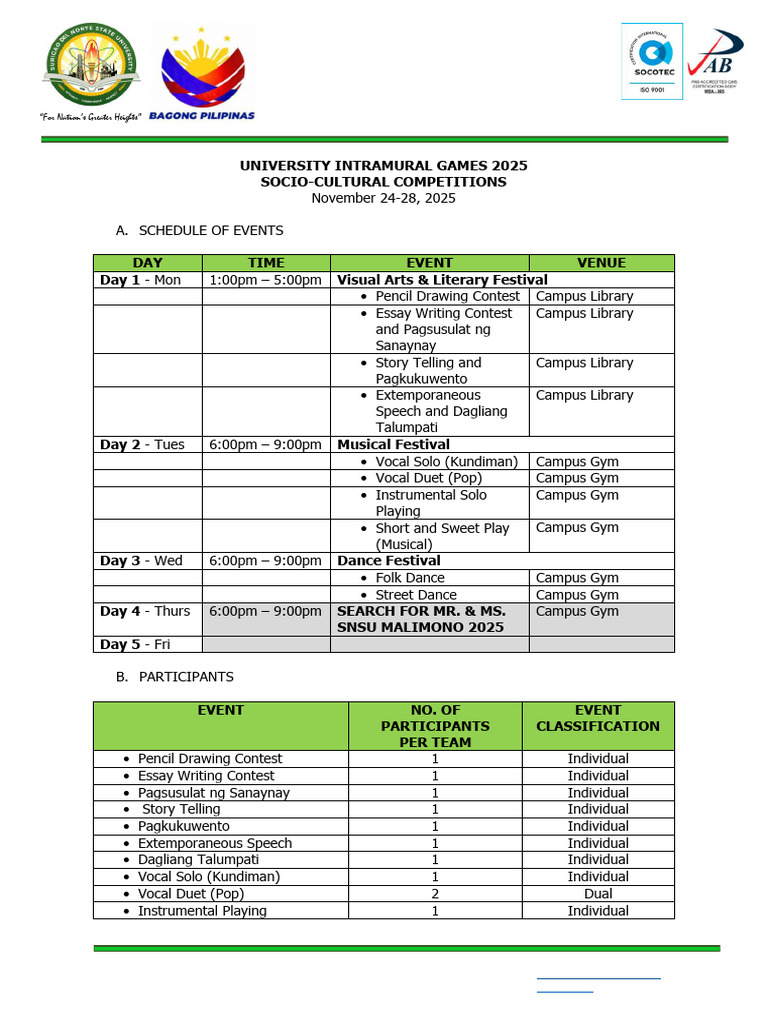 Guidelines and Mechanics Intrams 2025 Socio Cultural Events | PDF | Drawing | Pencil