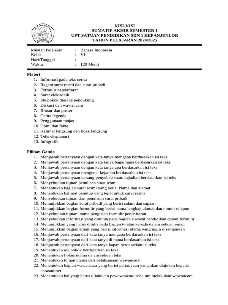 SAS1 2425 - Kisi kisi Bahasa Indonesia | PDF