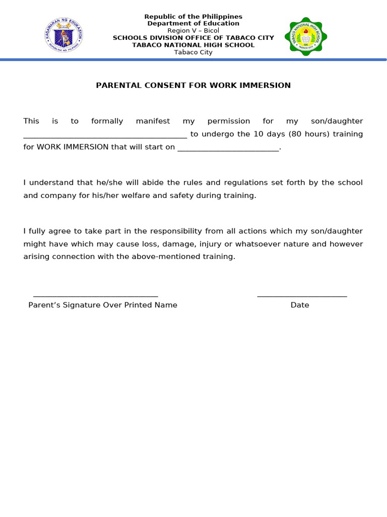 Parental Consent for Work Immersion | PDF