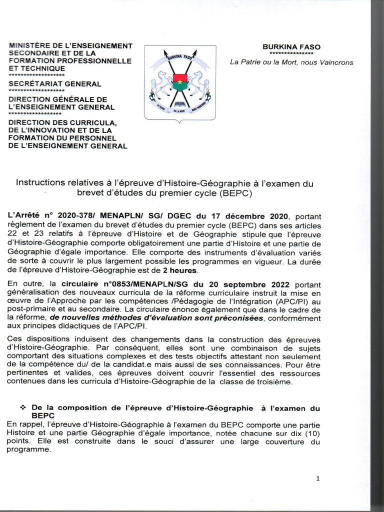 Instructions Relatives À L'élabotion de L'épreuve D'histoire ...