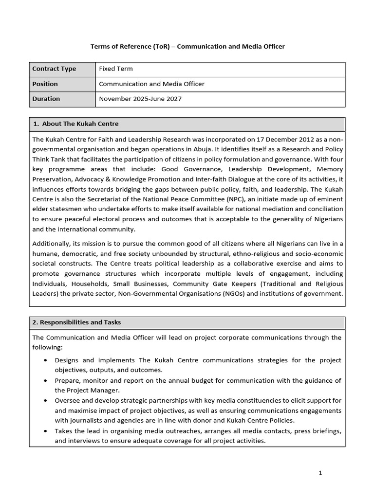 ToR TKC Comms. Media Officer | PDF | Governance | Communication