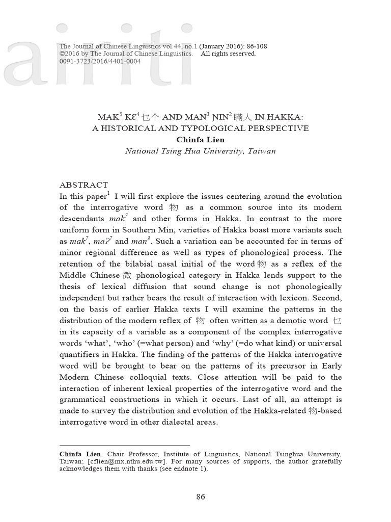 Mak^5 Kε^4 乜个 and Man^3 Nin^2 瞞人 in Hakka a Historical and Typological ...