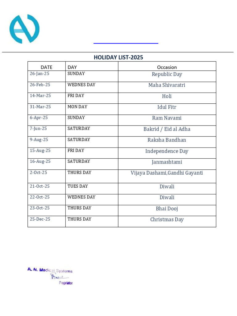 Holiday List 2025 | PDF