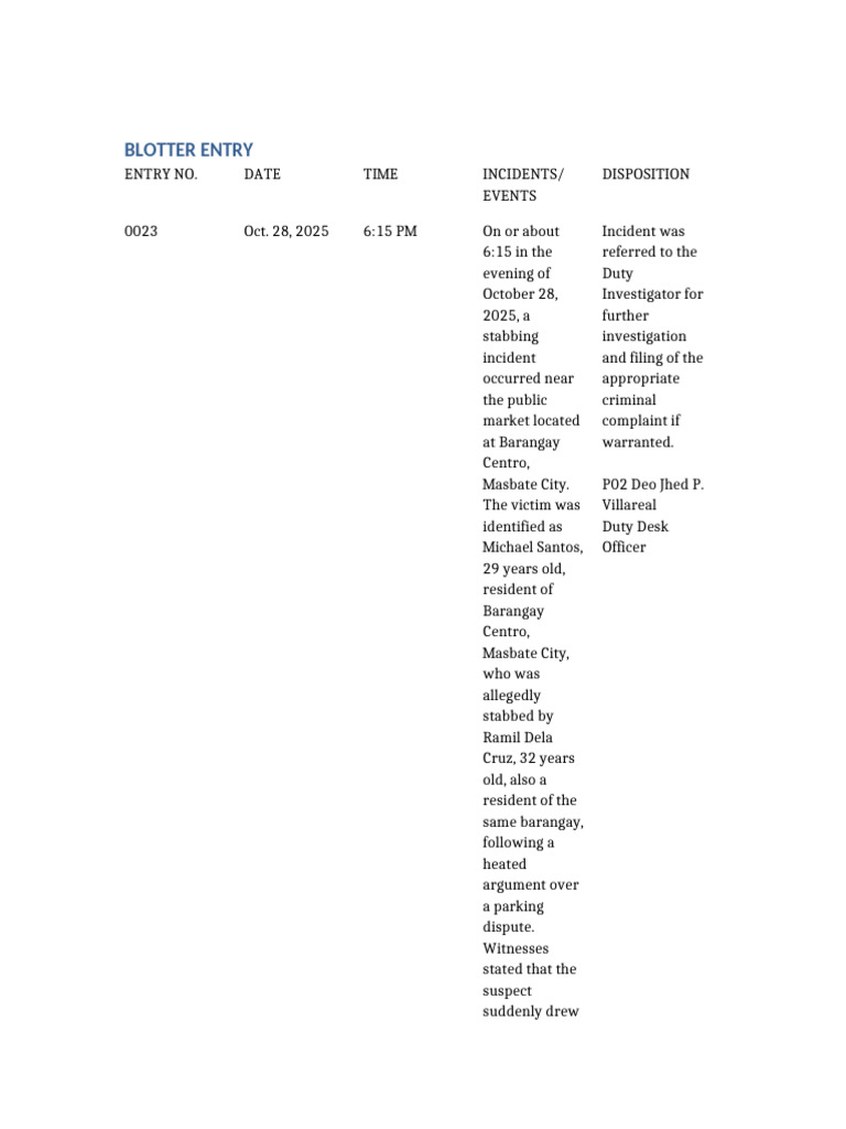 Blotter Entry Deo Jhed Villareal | PDF | Criminal Justice | Crime ...