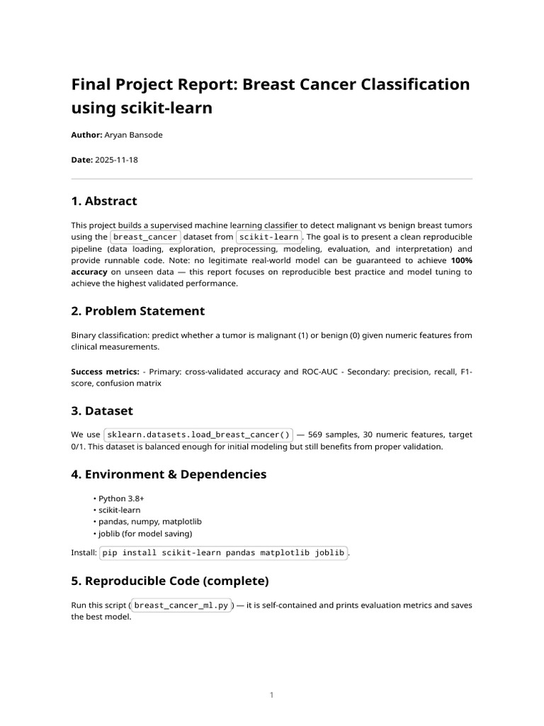 Ml Project Report Breast Cancer Classification | PDF | Receiver Operating Characteristic ...