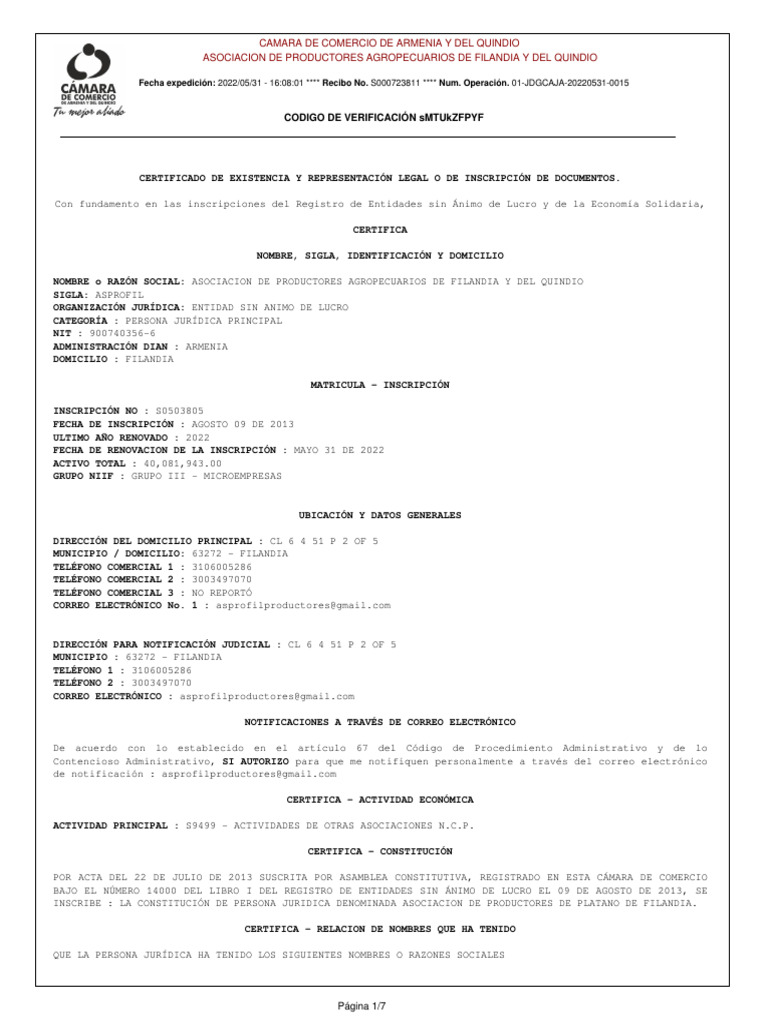 Certificado camara de comercio 31 msy 2022 | PDF | Sustentabilidad | Agricultura