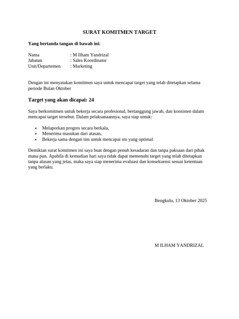 Surat Komitmen Target Penjualan Oktober | PDF