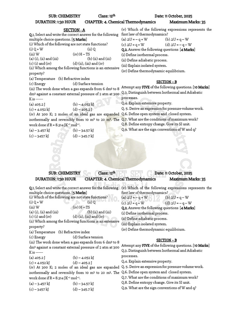 Chemistry Thermodynamics Exam Questions | PDF | Enthalpy | Entropy