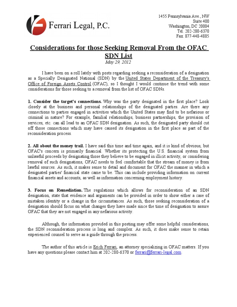 Considerations for those Seeking Removal From the OFAC SDN List ...