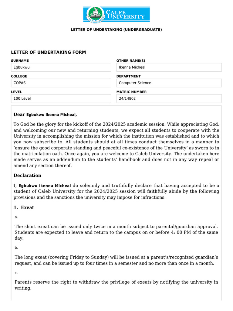Undergraduate Letter of Undertaking Form | PDF