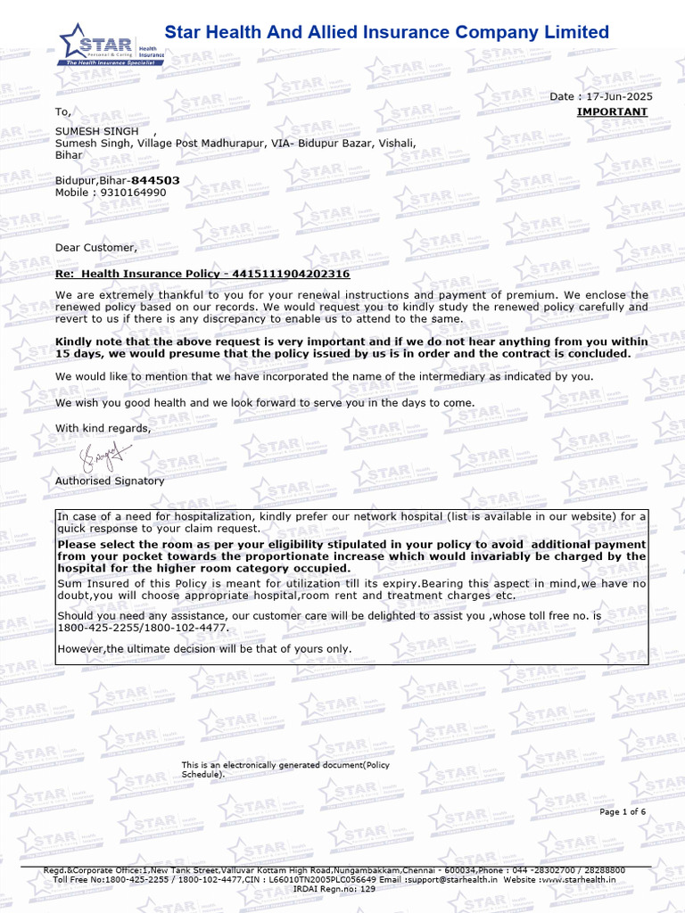 Star Health Insurance Renewal Confirmation | PDF | Insurance | Invoice