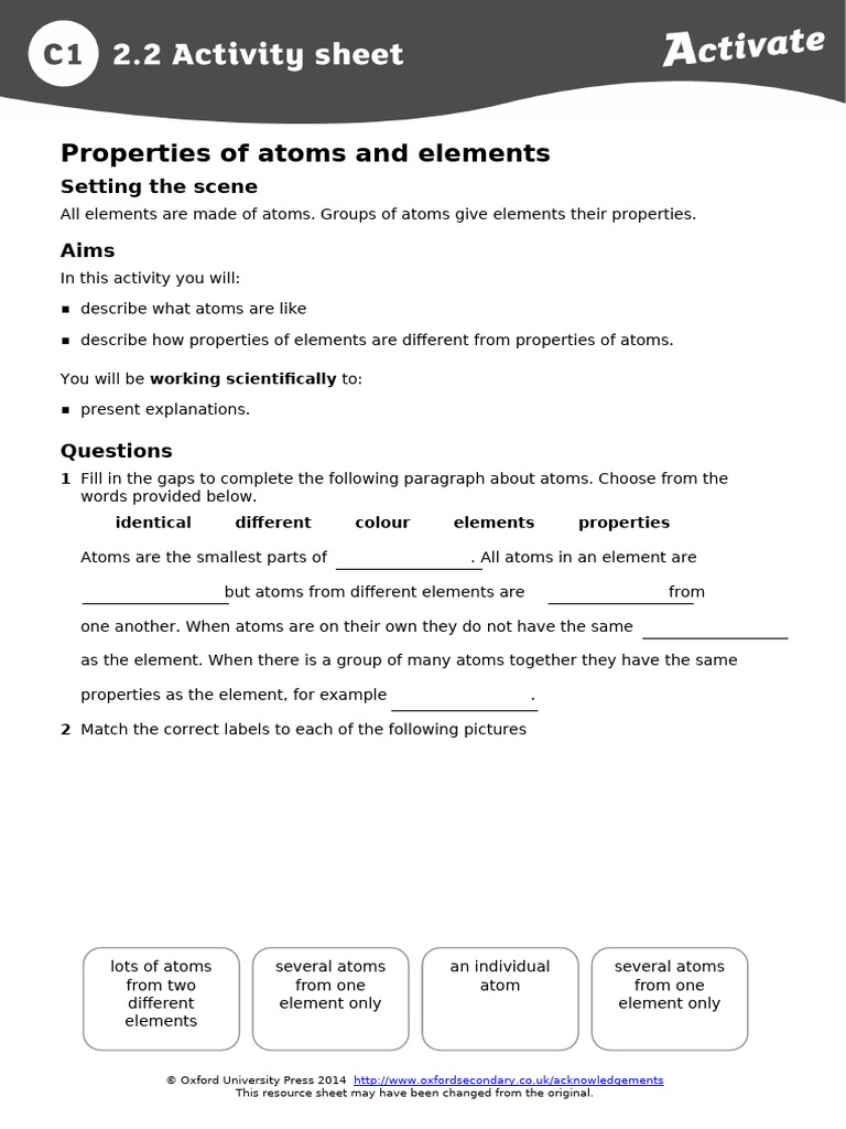 Elements Worksheet E1.1 | PDF