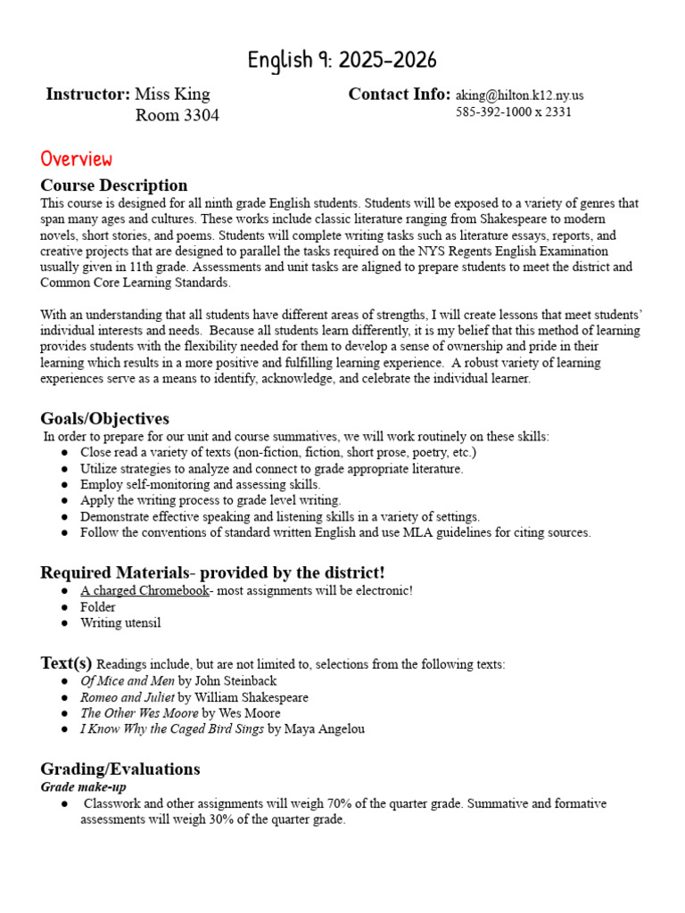 Caleb Vanphila - 2025-2026 English 9 Syllabus | PDF | Learning | Human ...