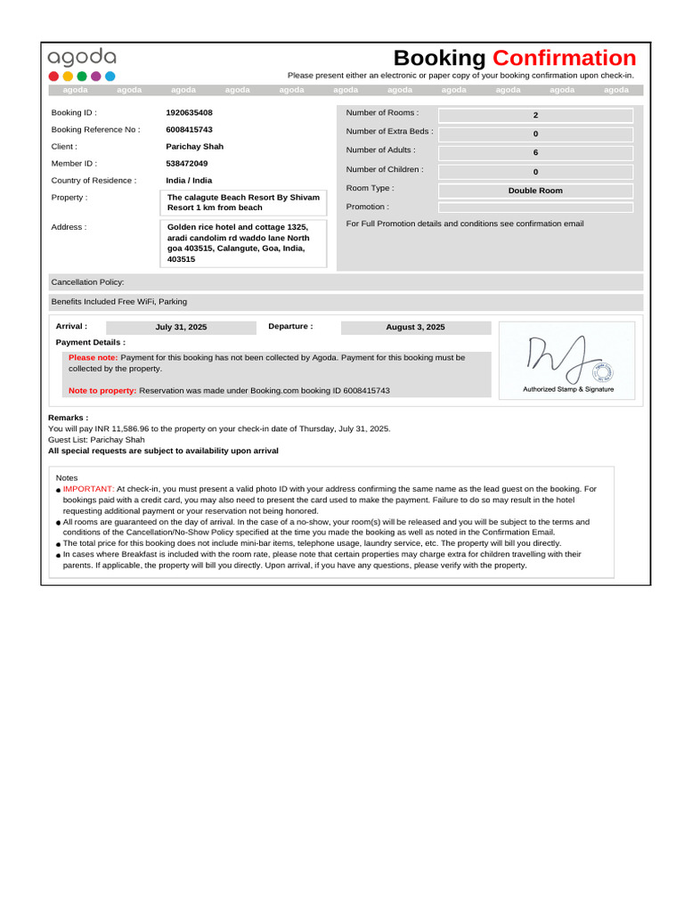 Confirmation For Booking ID # 1920635408 | PDF