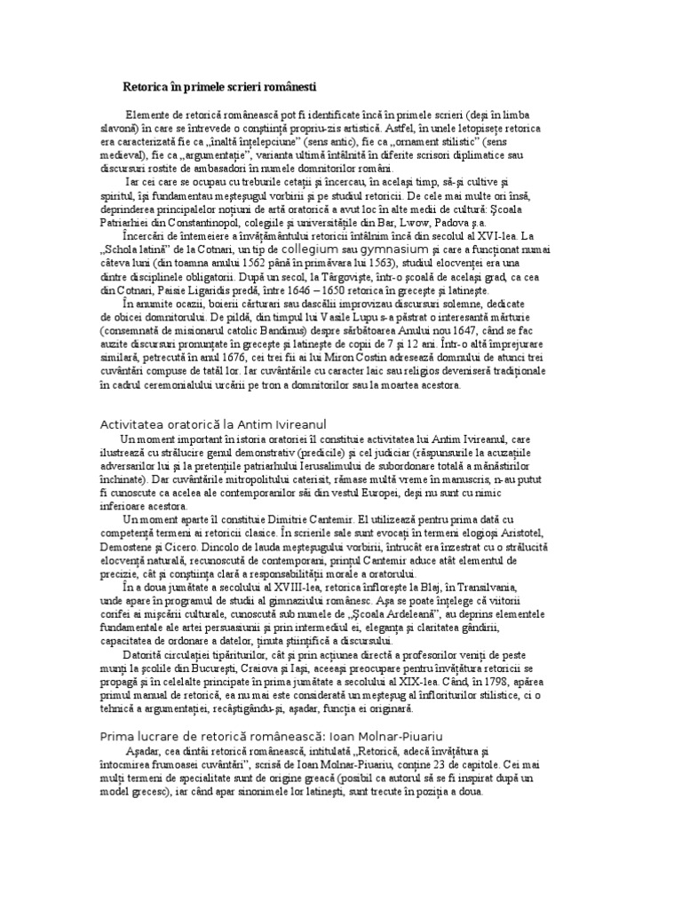 Retorica În Primele Scrieri Românesti | PDF