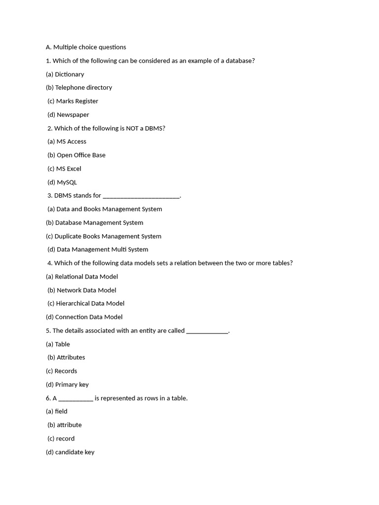 Database Management System Quiz Questions | PDF