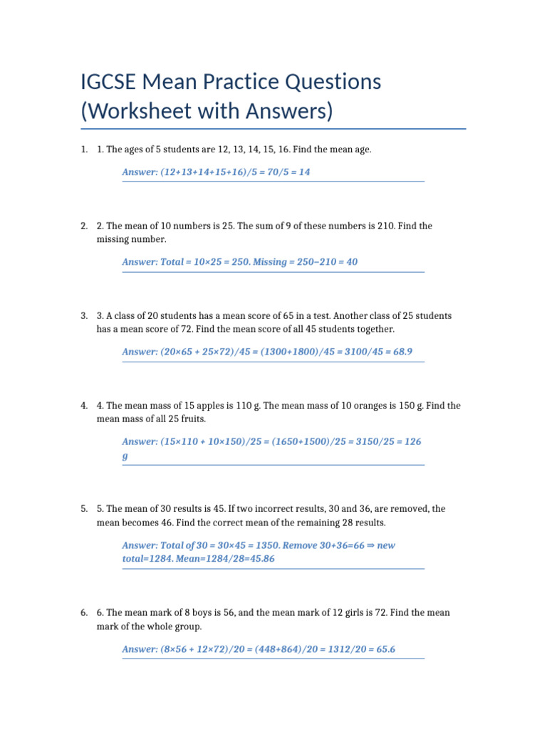 IGCSE Mean Practice Questions & Answers | PDF