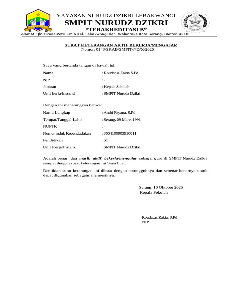 Surat Keterangan Aktif Guru Andri | PDF