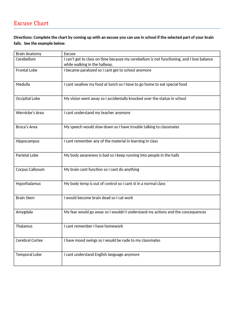 School Excuses Based on Brain Functions | PDF