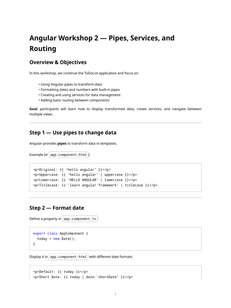 Angular Workshop 2 - Pipes, Services, and Routing | PDF | Computer ...