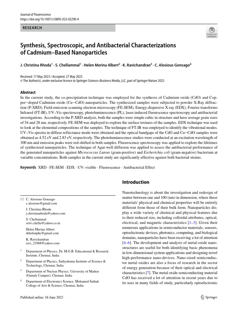 Cadmium Nanoparticles: Synthesis & Antibacterial Study | PDF ...