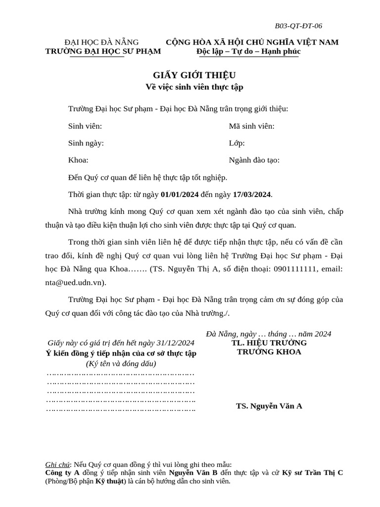 B03 QT DT 06 GiayGioiThieu LienHeThucTap 1 | PDF