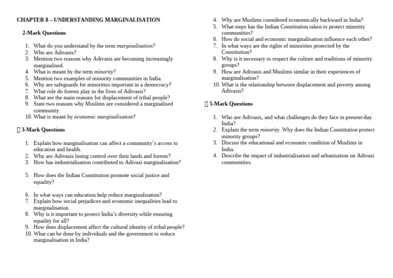 Understanding Marginalisation Extra Questions | PDF | Social Exclusion | Minority Group