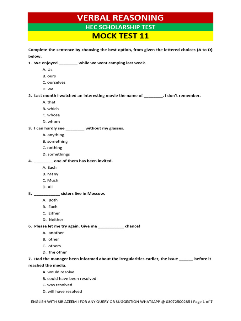 HEC Scholarship Test Verbal Reasoning Mock | PDF | Social Media ...