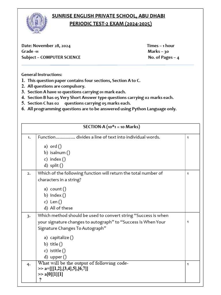 Grade 11 Computer Science Exam 2024 | PDF | String (Computer Science ...