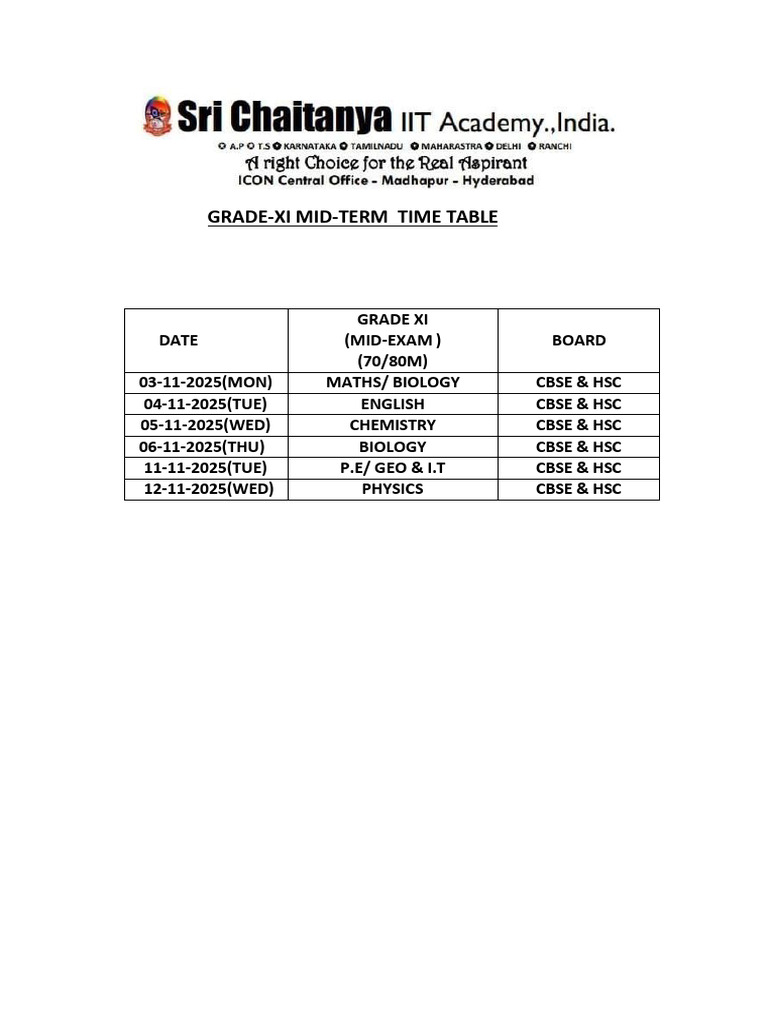 Grade-11 Mid Term Time Table | PDF