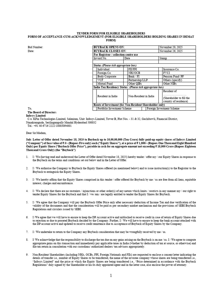 Dematerialized Tender Form | PDF | Share Repurchase | Stocks