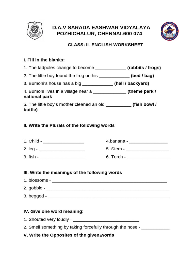 Class 2 English Worksheet1 Nov | PDF