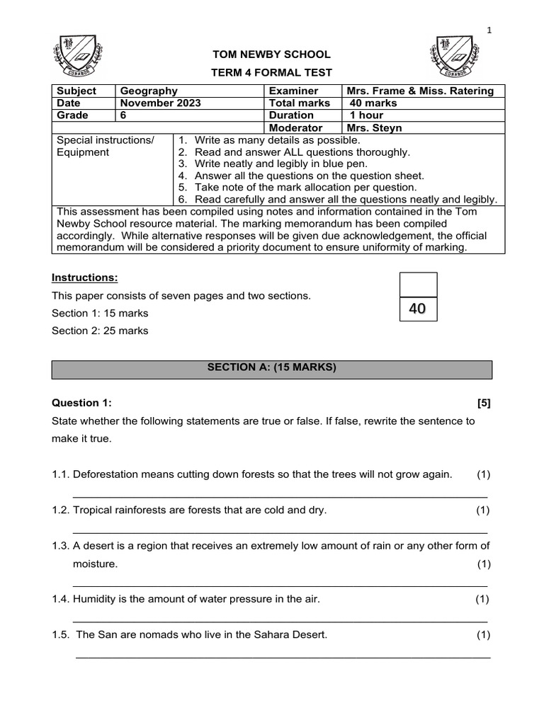Grade 6 Geography Term 4 Test | PDF | Rainforest | Deforestation