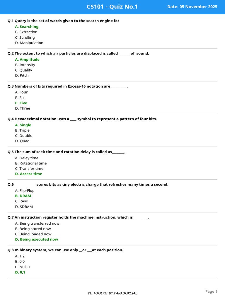 CS101 Quiz 1: Computer Science Basics | PDF