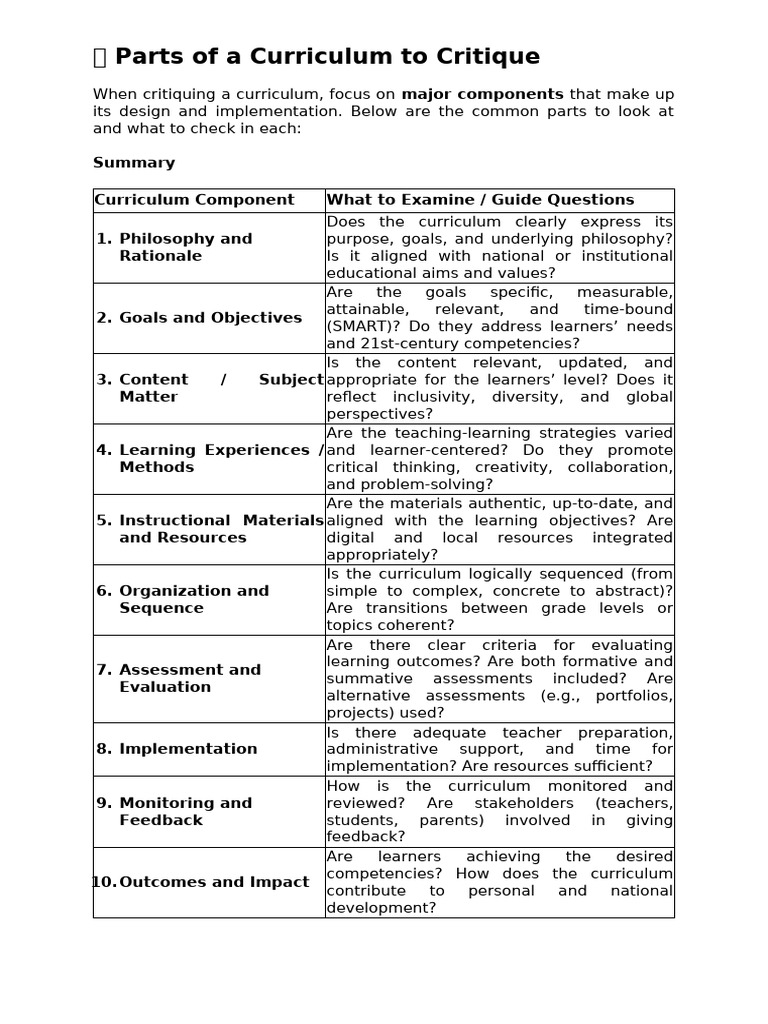 Curriculum Critique Components Guide | PDF | Educational Assessment ...