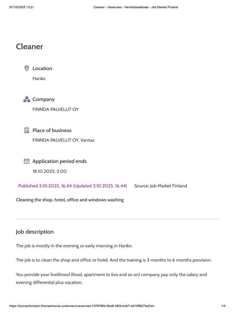 Cleaner - Vacancies - Henkilöasiakkaat - Job Market Finland | PDF ...