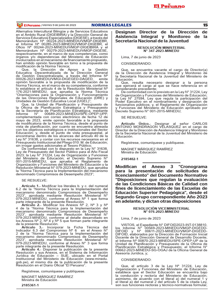 RVM N° 076-2023-MINEDU_modifican cronograma de las CBC de los ped | PDF | Presupuesto | Regulación