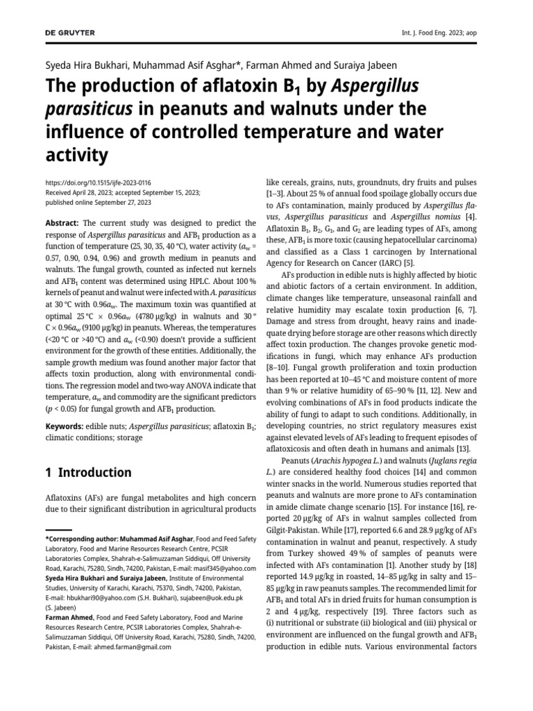 The Production of Aflatoxin B1 by Aspergillus Parasiticus in Peanuts and Walnuts Under The | PDF