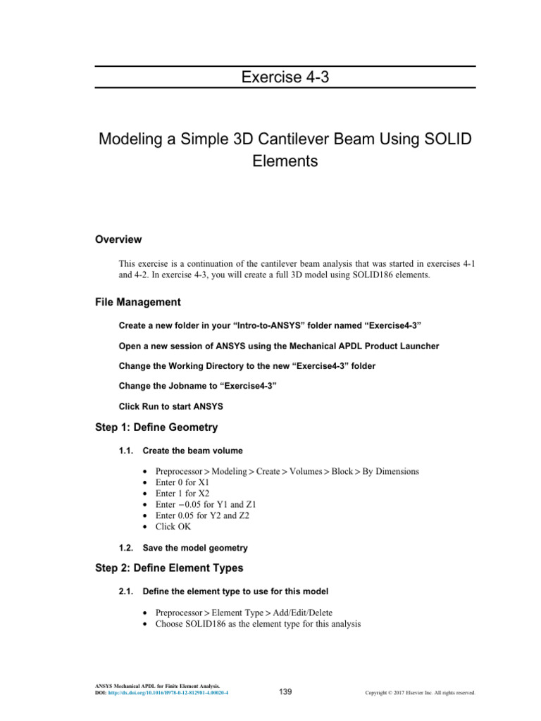 Exercise-4-3---Modeling-a-Simple-3D-Cantil_2017_ANSYS-Mechanical-APDL-for-Fi | PDF | Finite ...