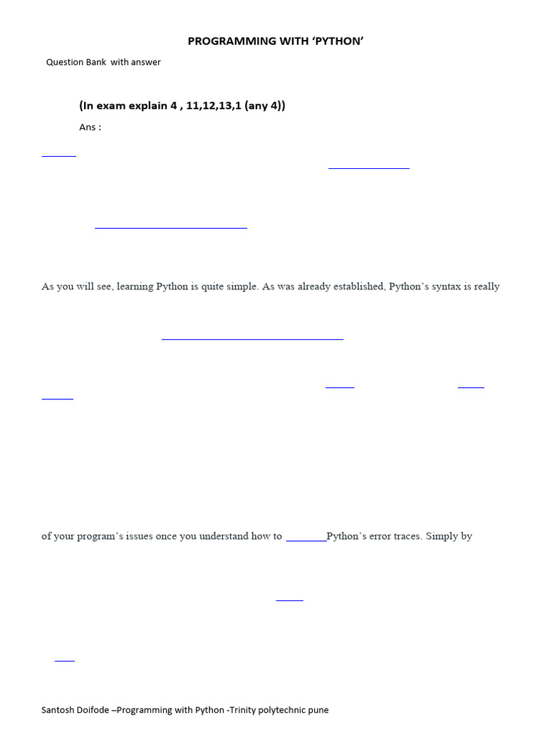 Ptt-I Question Bank With Answers | PDF | Python (Programming Language ...