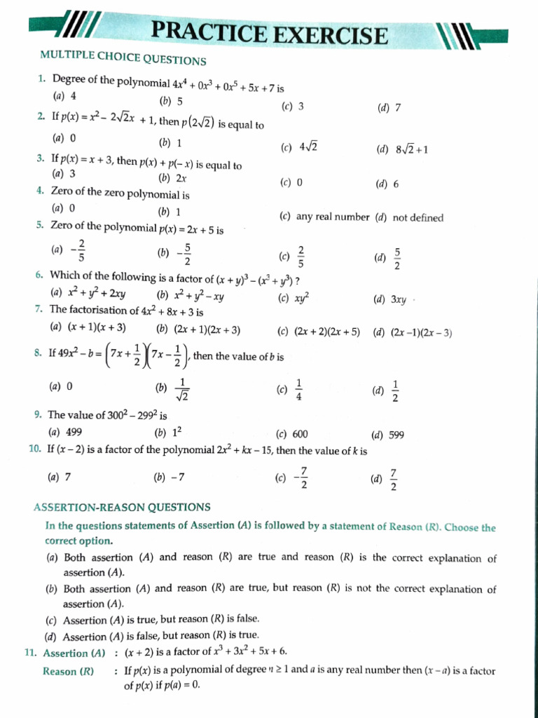 Polynomials - Practice Questions | PDF | Polynomial | Factorization