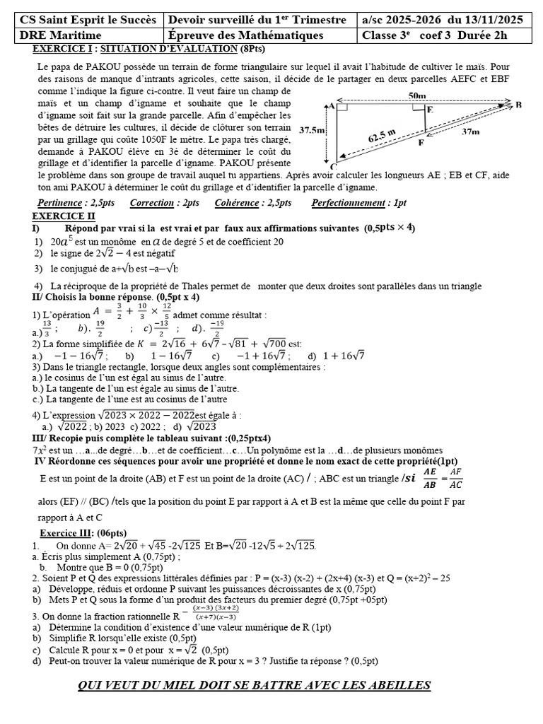 Devoir Mathématiques 3e - CS Saint Esprit | PDF | Fonction ...