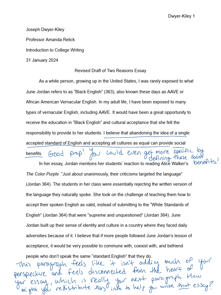 Revised Draft of Two Reasons Essay | PDF | Essays | Human Communication