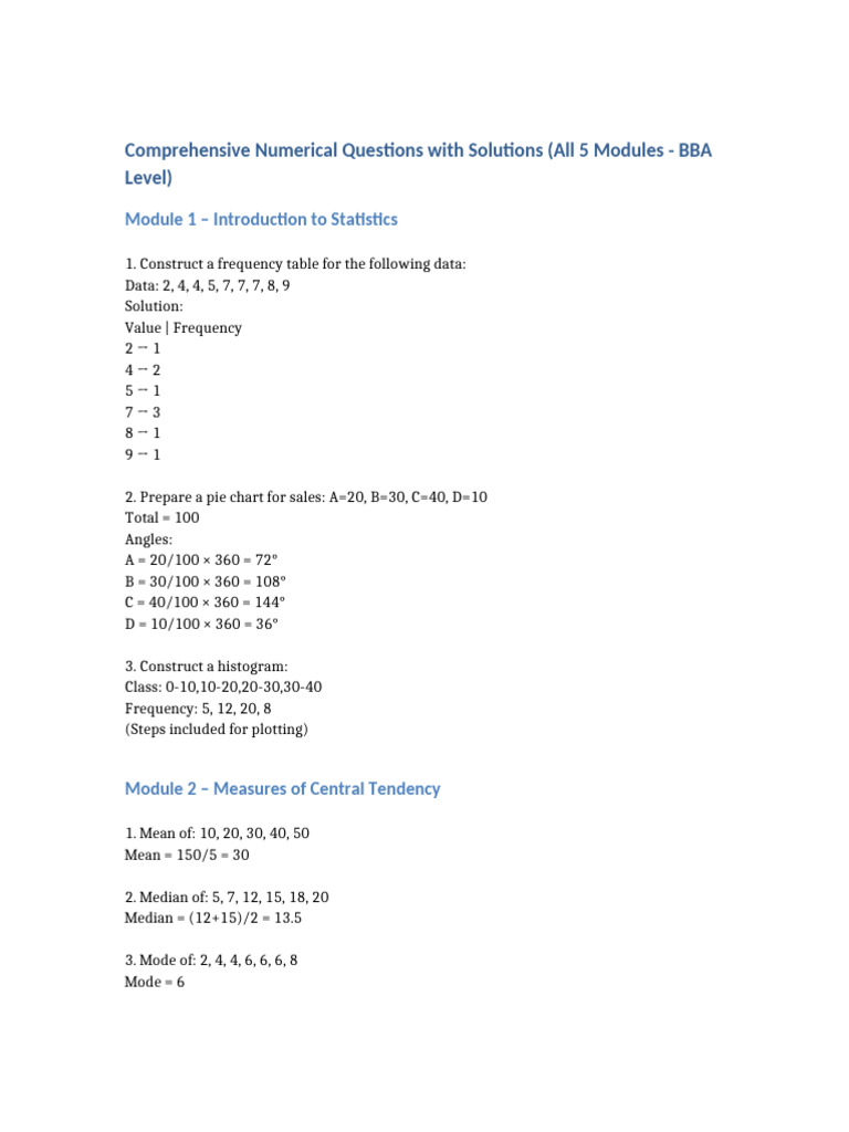 Statistics All Modules Numericals Solutions | PDF