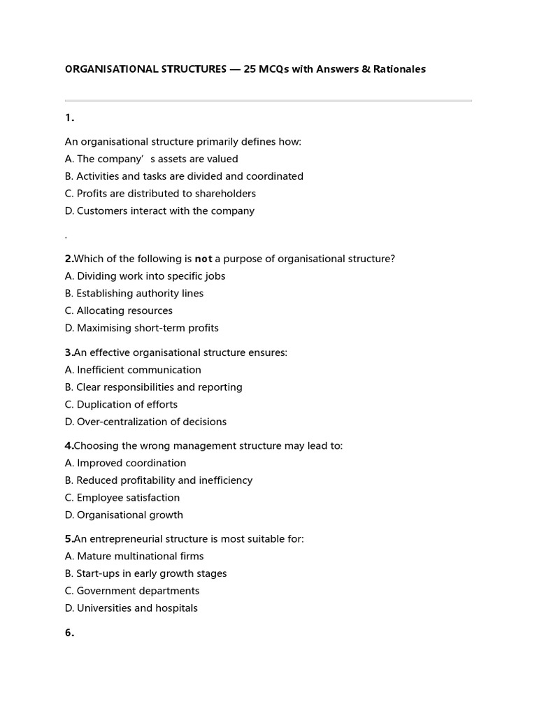 Organisational Structures: 25 MCQs & Answers | PDF | Organizational ...