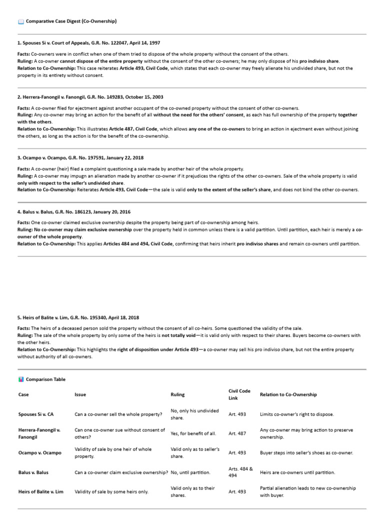 PLL Case Doctrines Comparison - Co-Ownership | PDF | Concurrent Estate ...