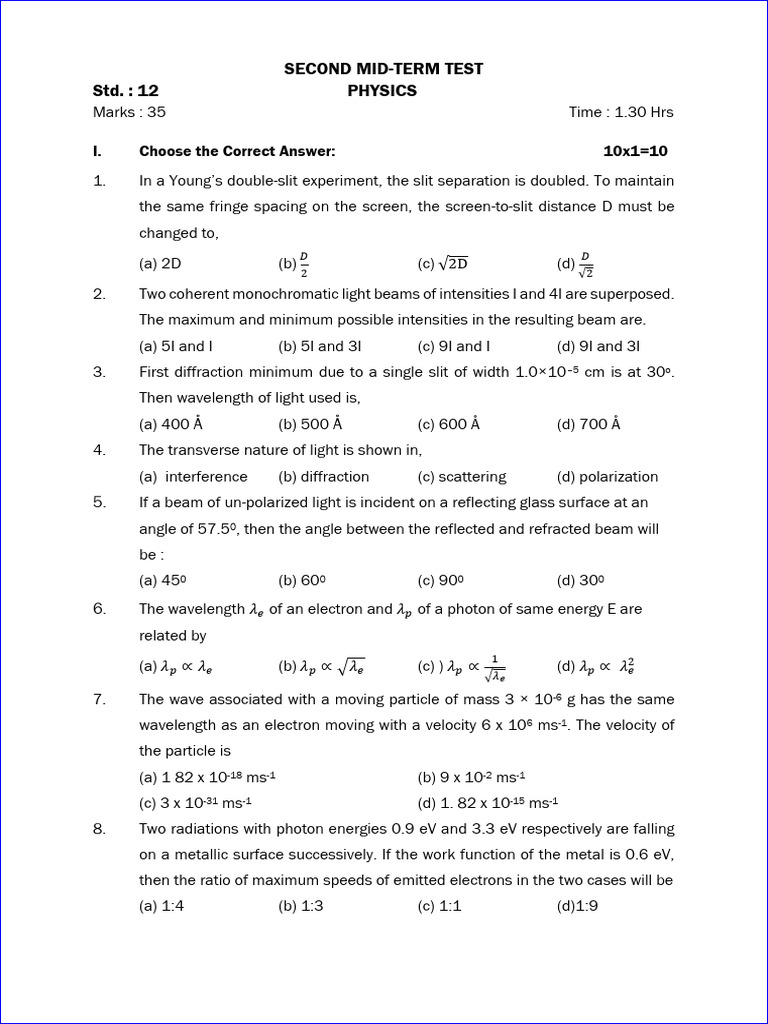12th Physics EM 2nd Mid Term Exam 2024 Question Paper With Answer Keys English Medium PDF ...