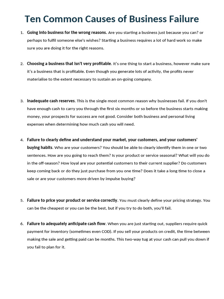 Ten Common Causes of Business Failure | PDF | Customer | Economies