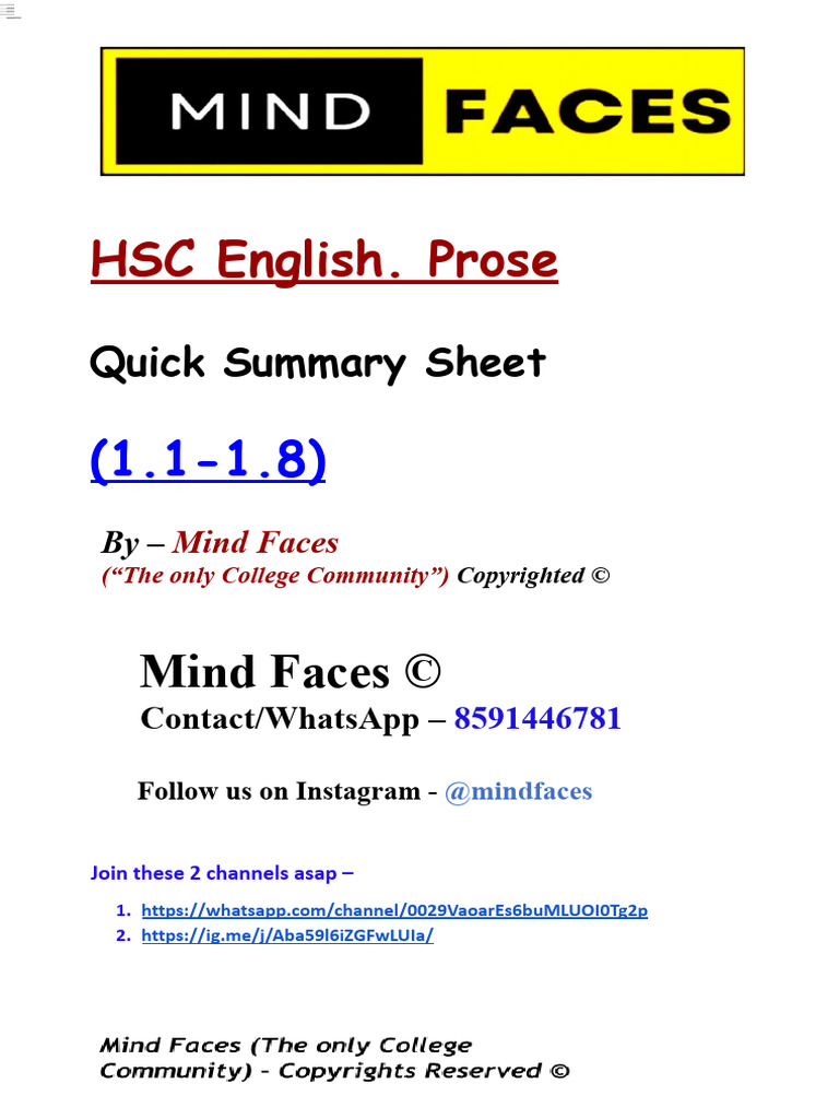 Mind Faces - PROSE Summary Sheet (1.1-1.8) | PDF